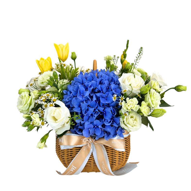 Ellie (Roses, Hydrangeas, Tulips) - Flower Basket